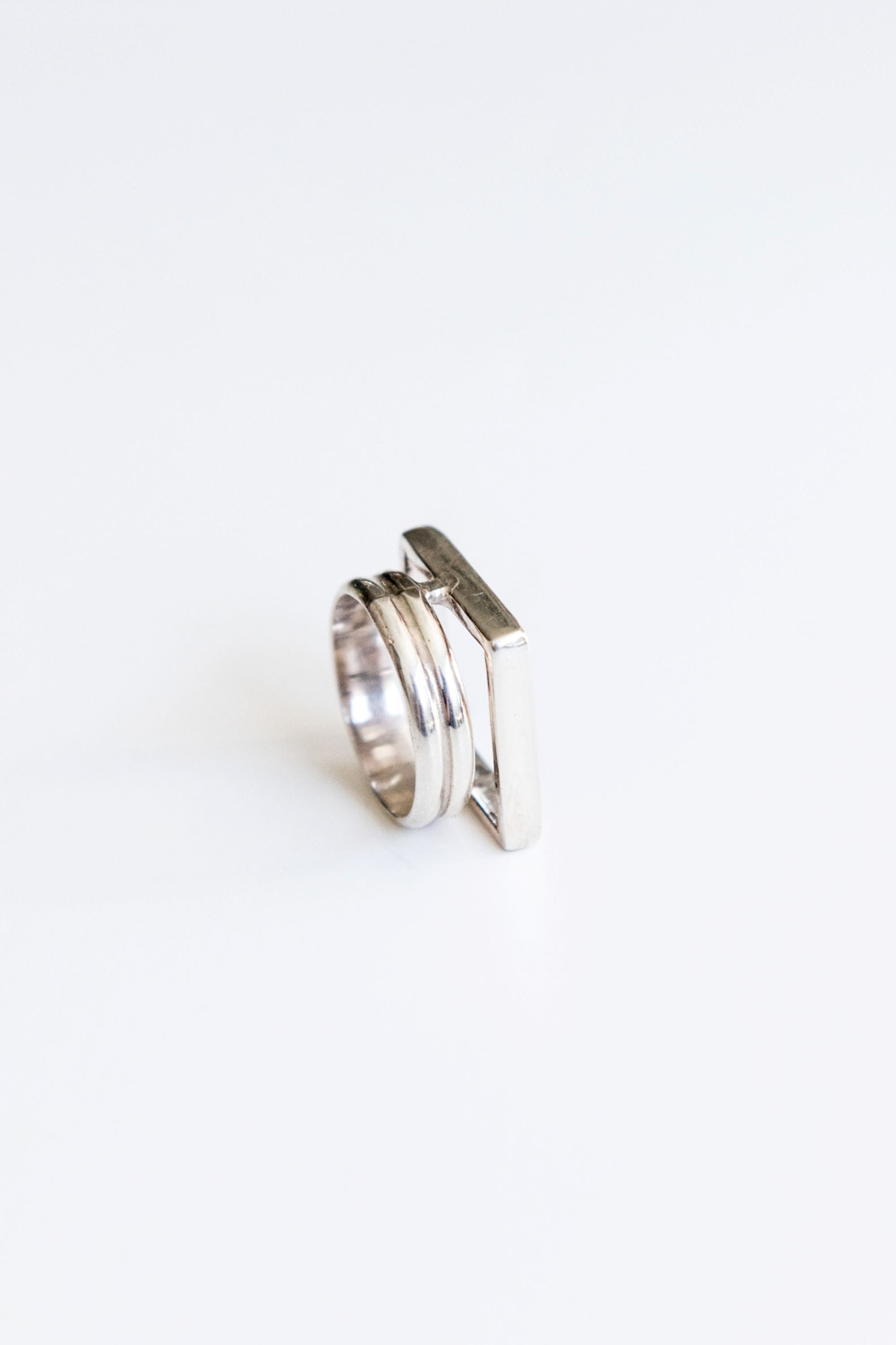 Silver Ring With Attached Square, Modern Stacking Ring, Geometric ...
