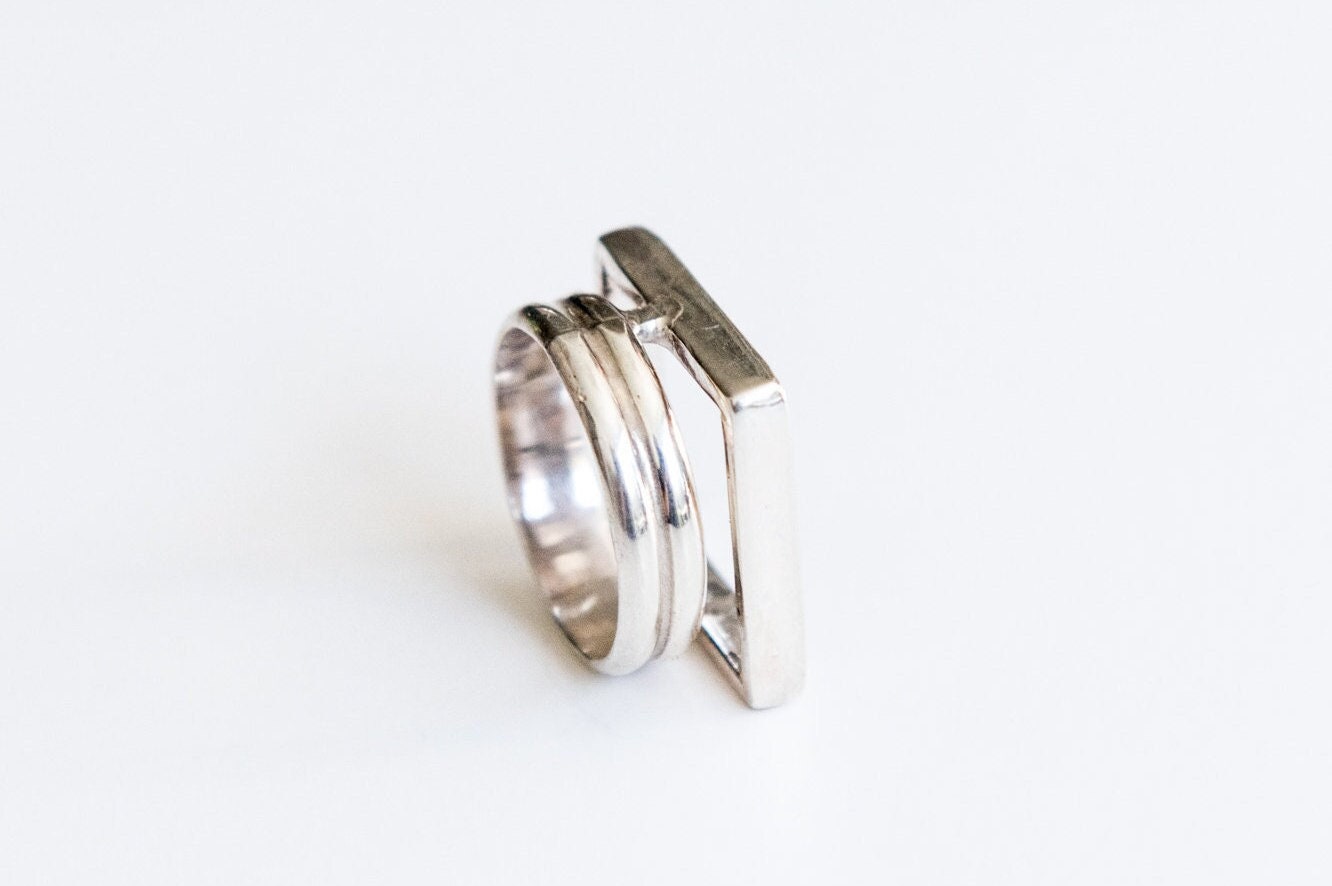 Silver Ring With Attached Square, Modern Stacking Ring, Geometric ...