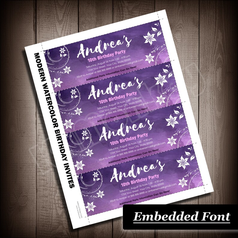 Modern Ticket / Bookmark Style Invitations, Watercolor Birthday ...