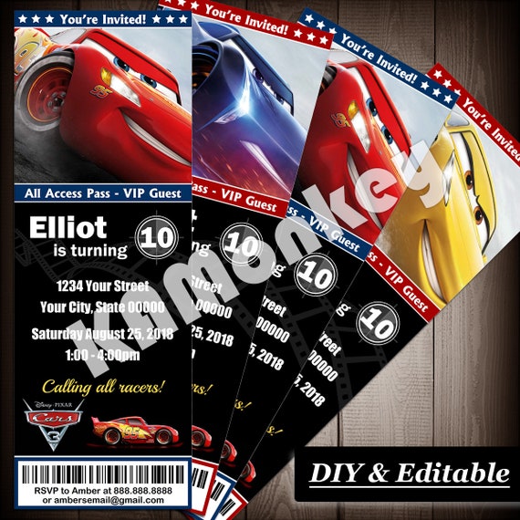 Cars 3 Movie Ticket Invitations Birthday Party DIY Fillable - Etsy