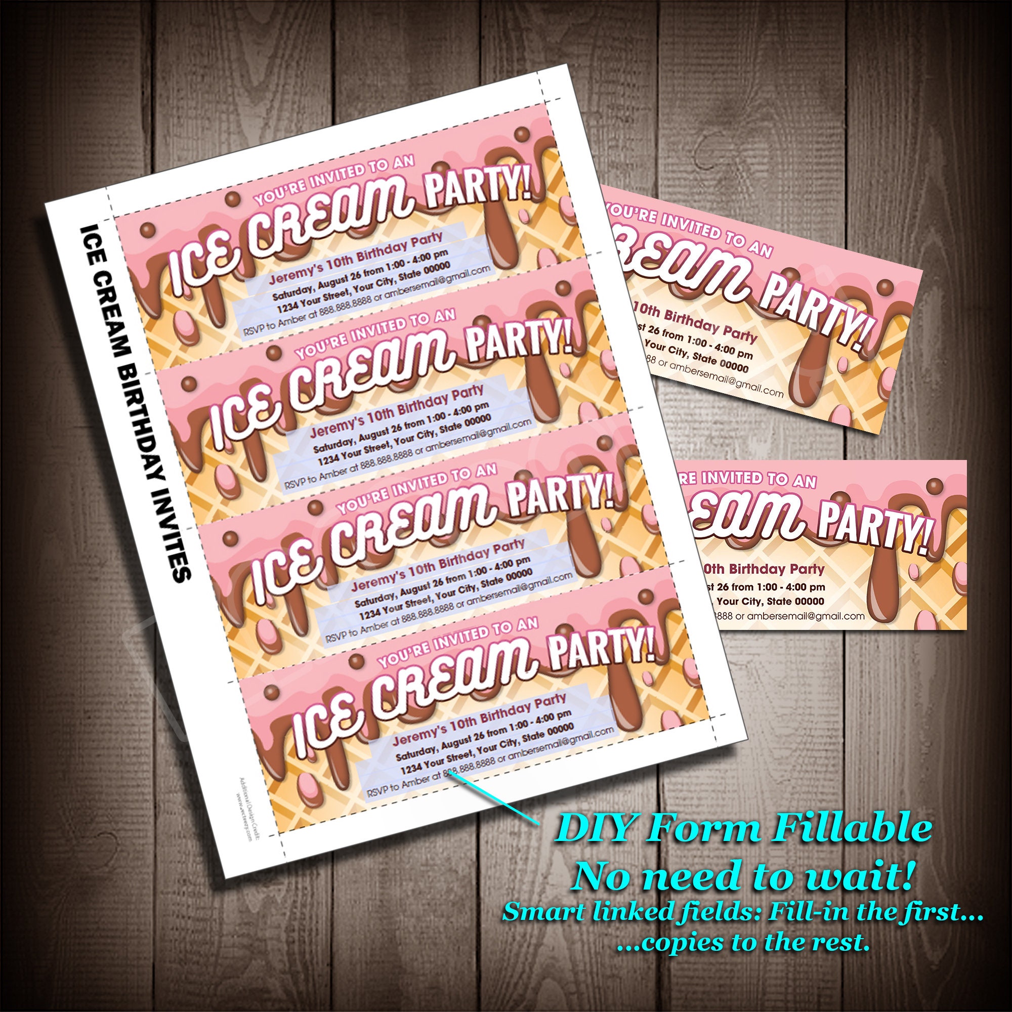 Ice Cream Ticket / Bookmark Style Invitations, Kids Birthday Party ...