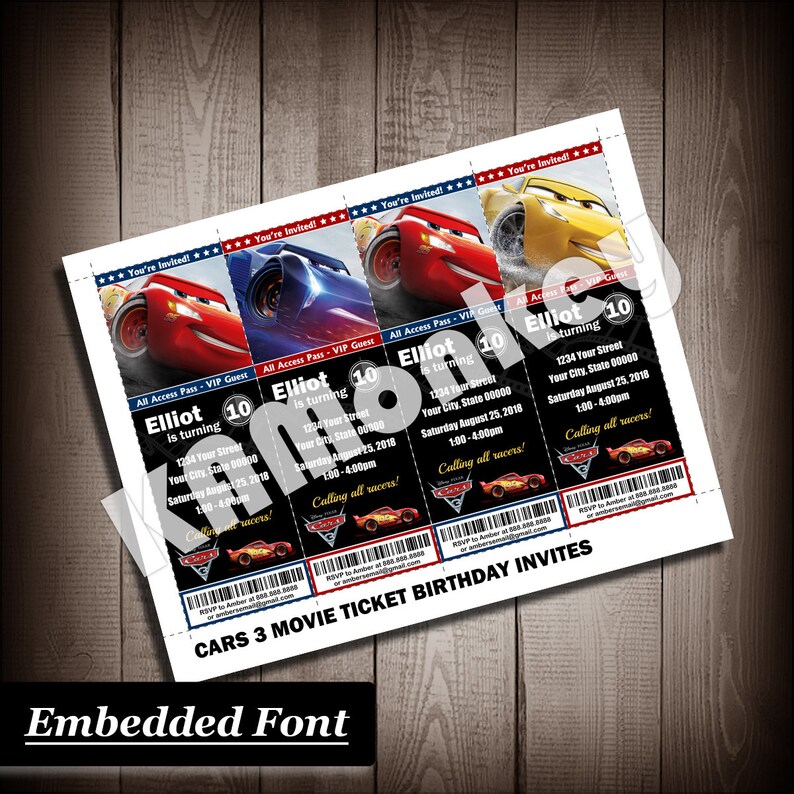 Cars 3 Movie Ticket Invitations Birthday Party DIY Fillable - Etsy