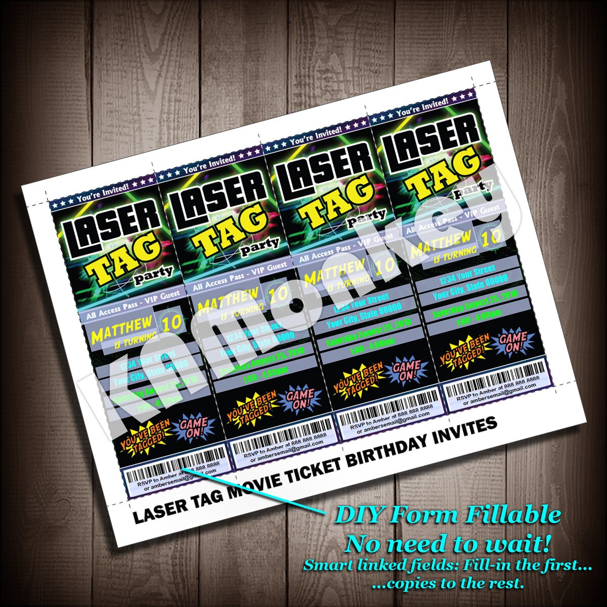Laser Tag Movie Ticket Style Invitations, Birthday Party, DIY Fillable ...