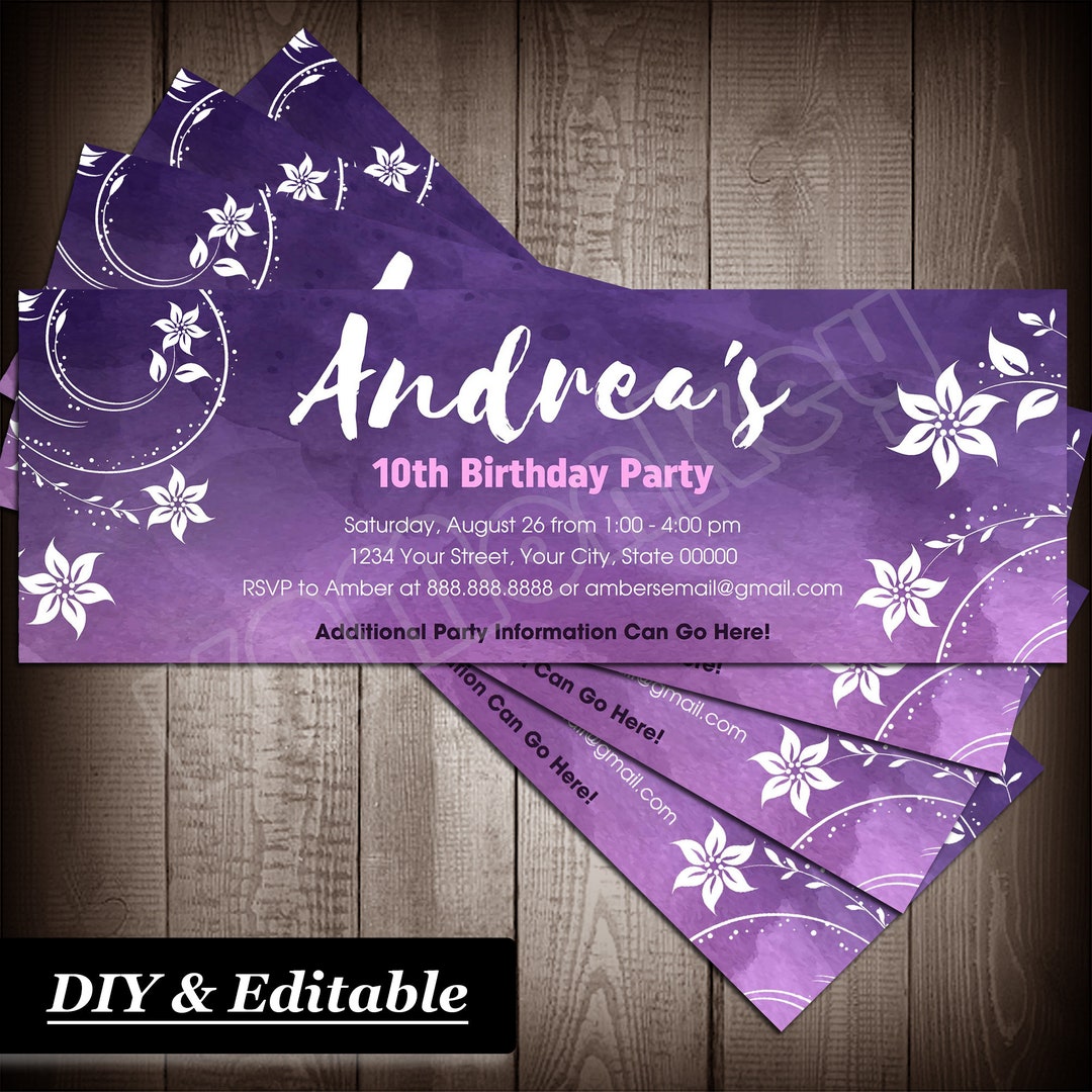 Modern Ticket / Bookmark Style Invitations, Watercolor Birthday ...