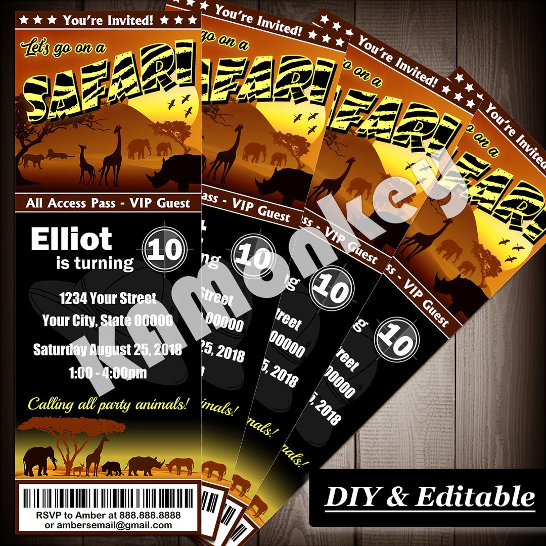 Safari Movie Ticket Style Invitations, Kids Birthday Party, DIY ...