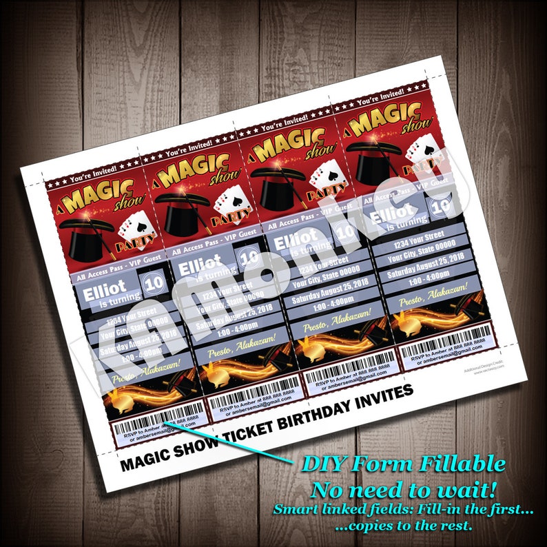 Magic Show Movie Ticket Style Invitations, Kids Birthday Party, DIY ...