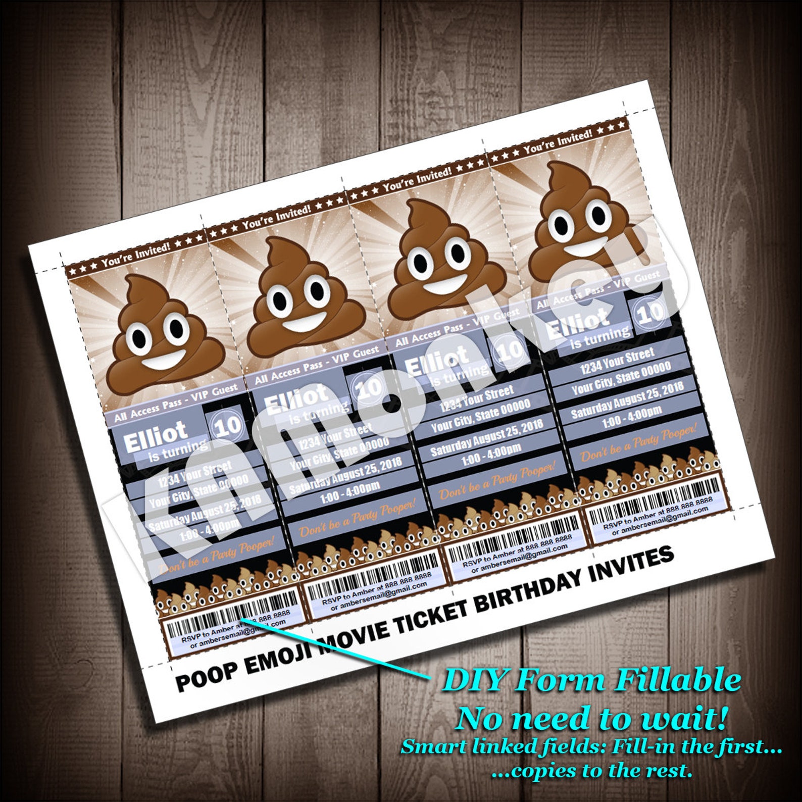 Poop Emoji Movie Ticket Style Invitations, Birthday Party, DIY Fillable ...