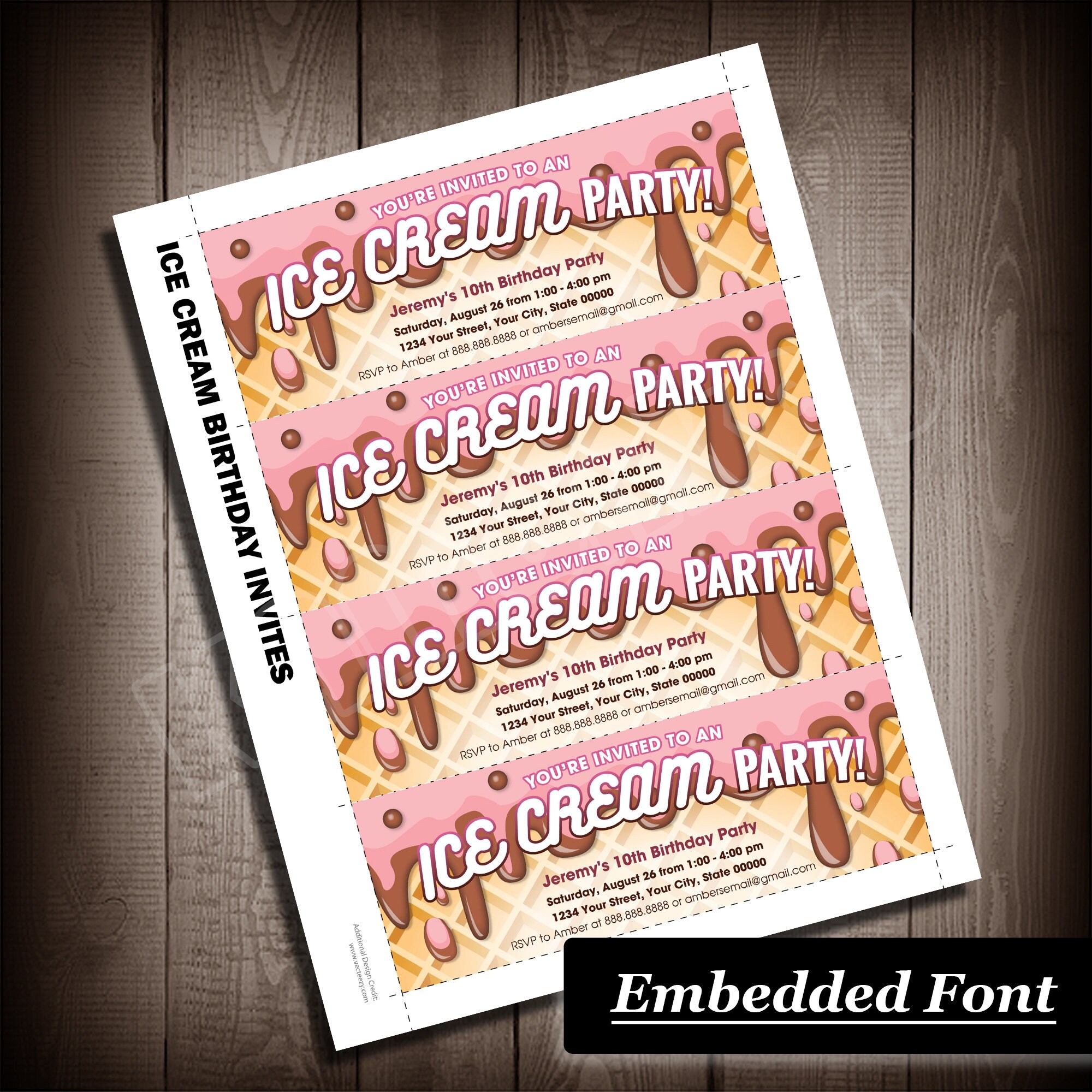 Ice Cream Ticket / Bookmark Style Invitations, Kids Birthday Party ...