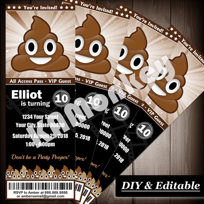Poop Emoji Movie Ticket Style Invitations, Birthday Party, DIY Fillable ...