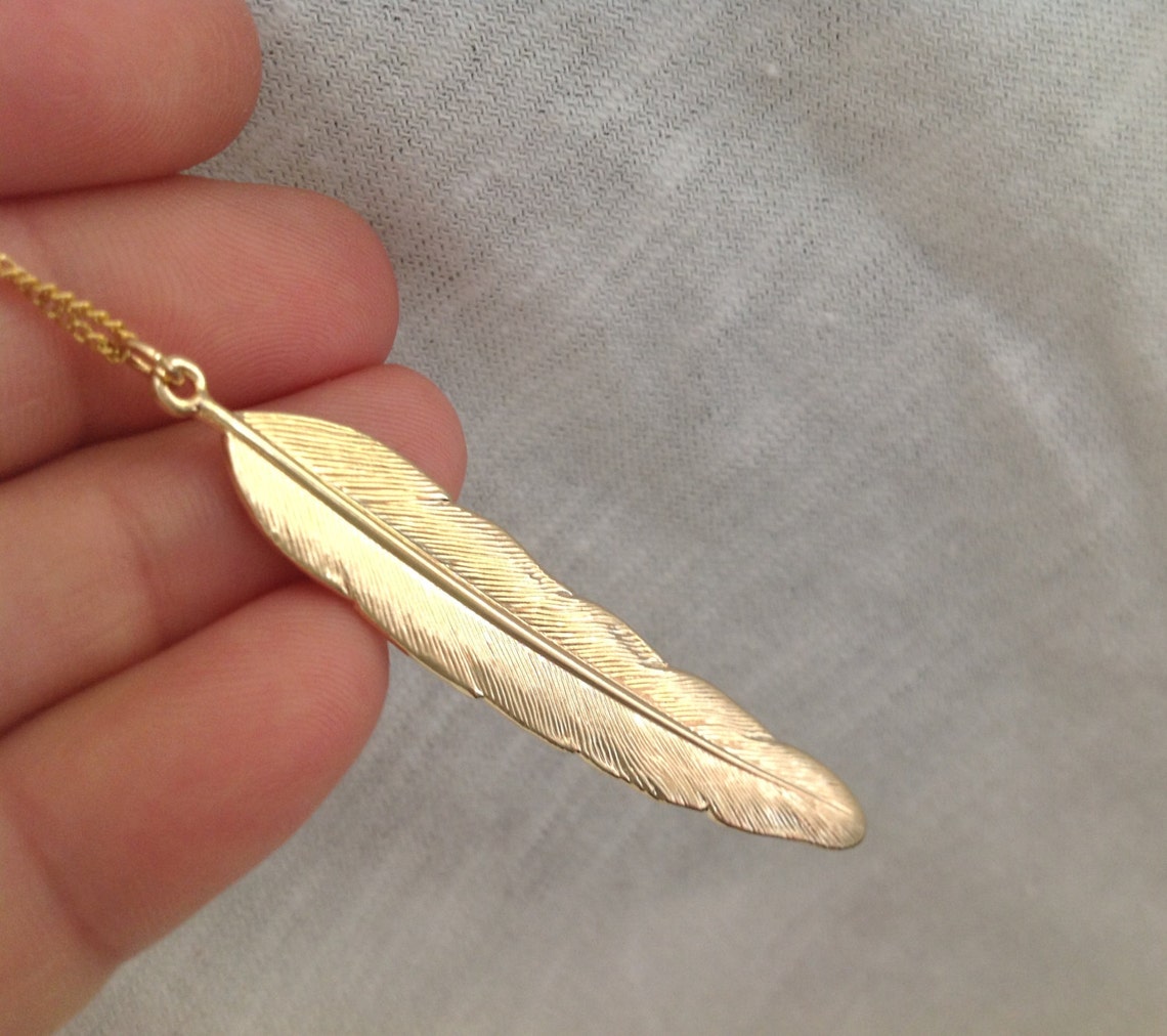 Gold Necklace Long Necklace Long Necklace With Feather - Etsy