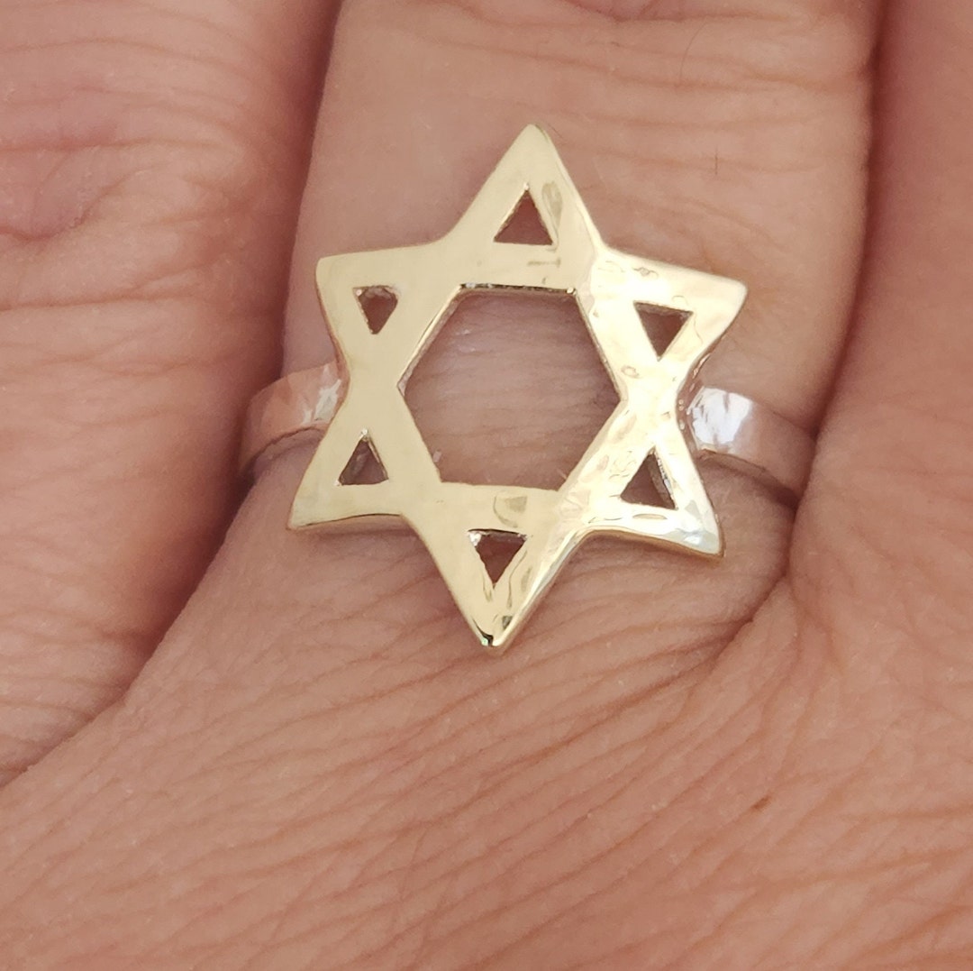 Two Tone Star of David Ring, 9K Solid Gold With Sterling Silver Base ...