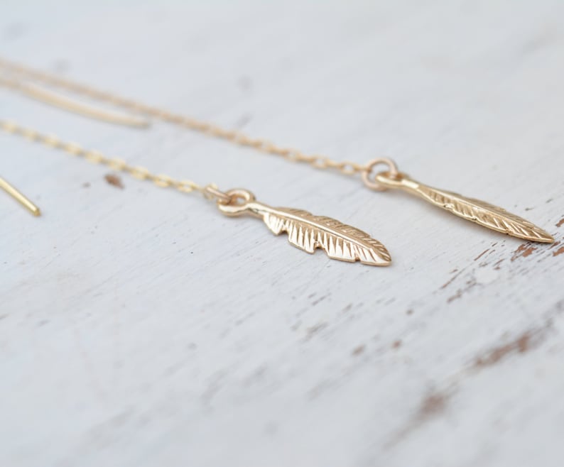 Feather EarringsGold threader earringsBoho earringsFeather | Etsy