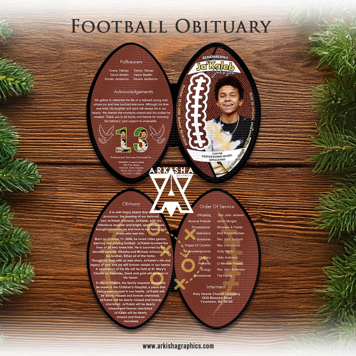 Football-shaped Obituary Canva Template | Editable Memorial Program ...