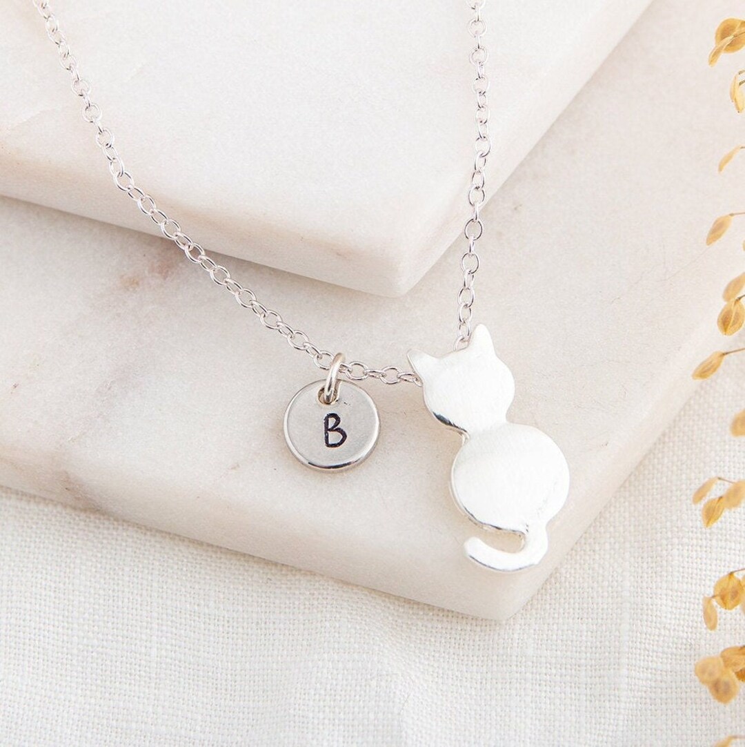 Silver Cat Necklace With Initial Charm - Cat Lover Gift - Birthday Gift ...