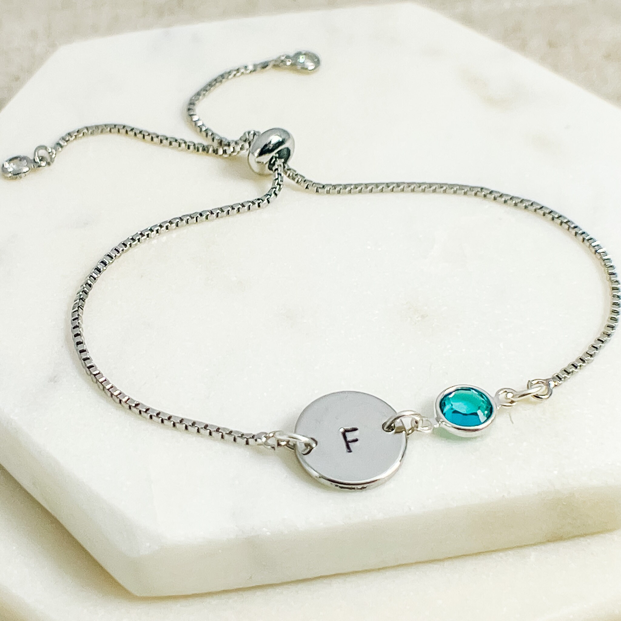 Personalized Initial Birthstone Bracelet: Hand-stamped Silver-plated ...