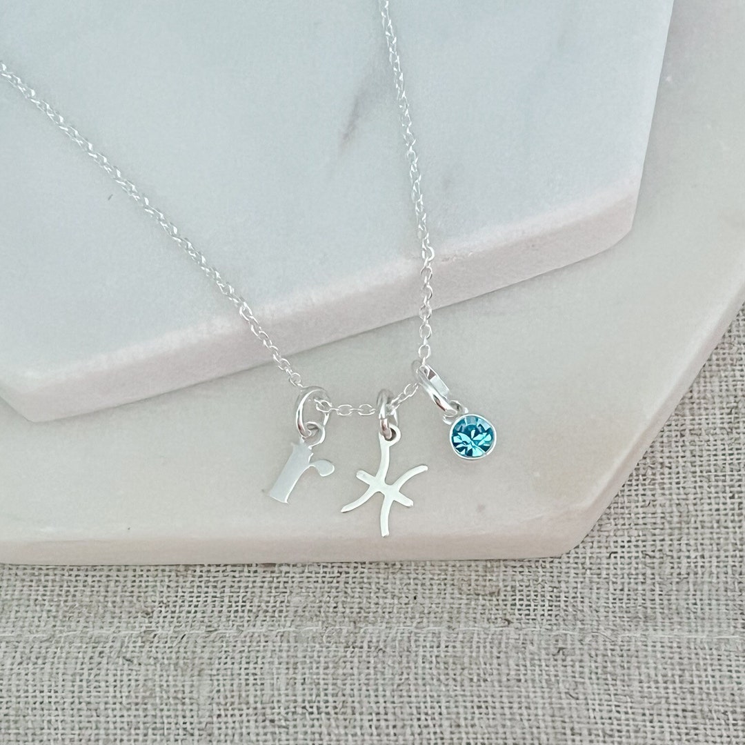 Sterling Silver Pisces, Initial & Birthstone Necklace - Personalised ...