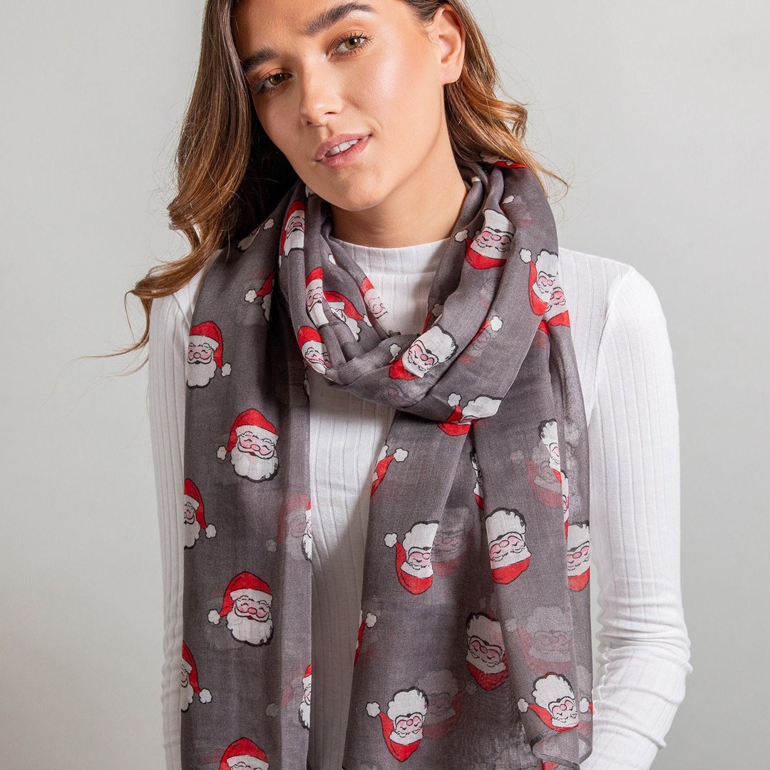 Grey Scarf With Santa Print Vintage Santa Scarf Festive - Etsy