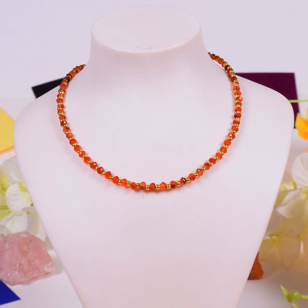 925 Sterling Solid Silver Clasp Balls Necklace 17" Natural Carnelian ...