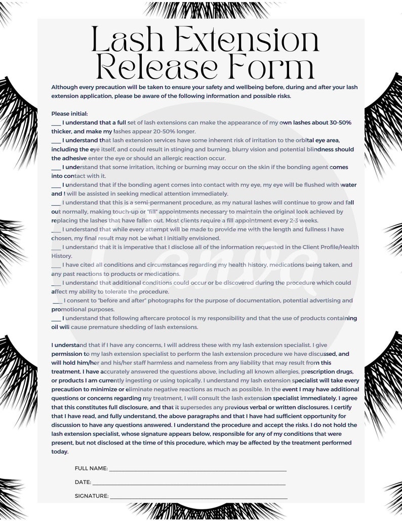 Lash Extension Release Form - Etsy