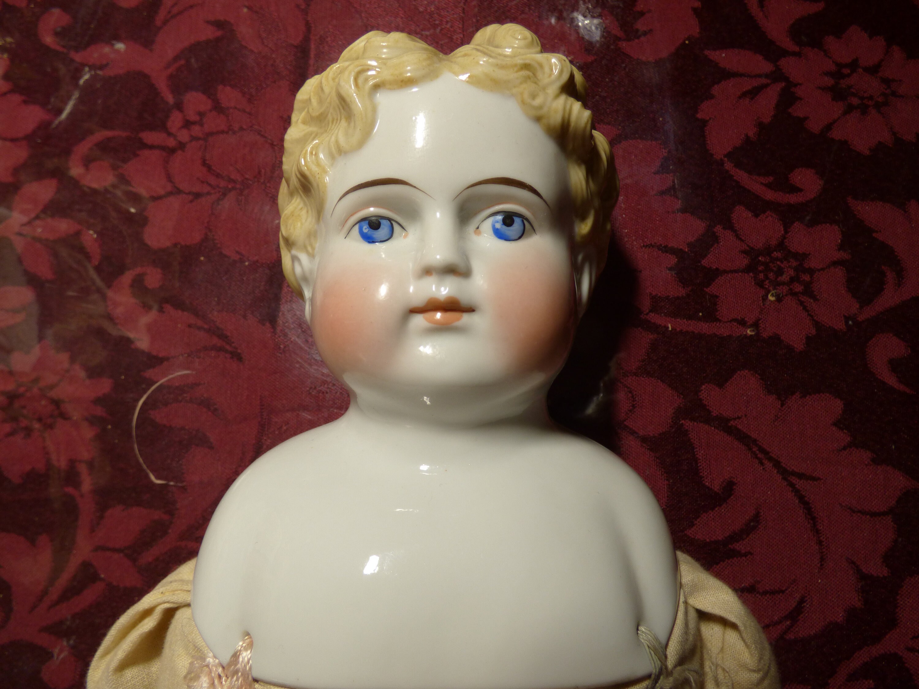 Gorgeous 21 Antique China Head Doll Blonde Hair Cloth Body China 1870s
