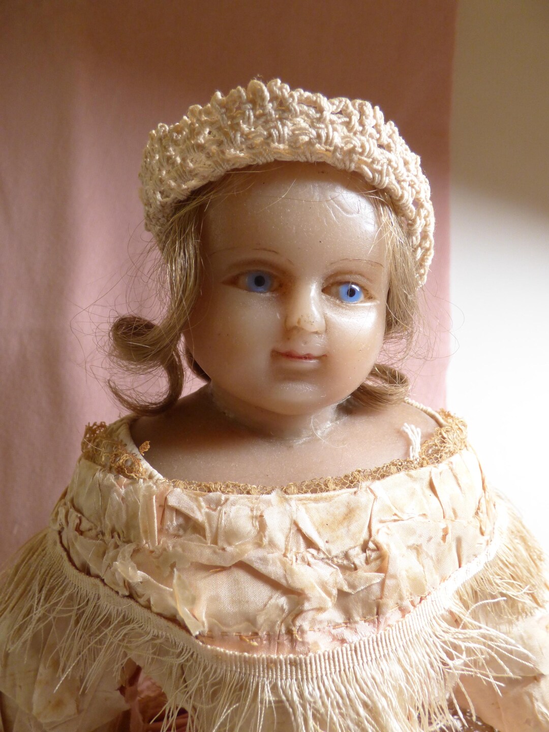 WOW Early 1840 MONTANARI 18" English Wax Doll Glass Eyes Orig Dress ...