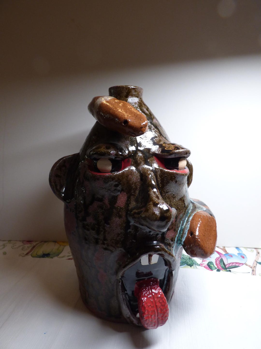 MIKE LEDFORD NC Folk Pottery Clay Face Jug With Protruding Tongue and ...