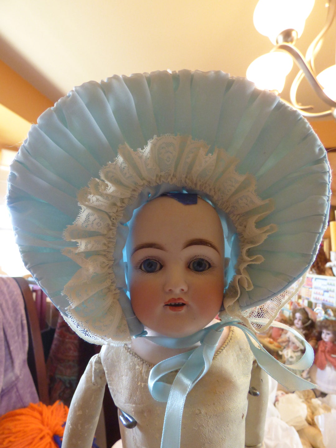 Lovely Pale Blue Taffeta/lace Fancy Bonnet Hat French Antique Repro ...