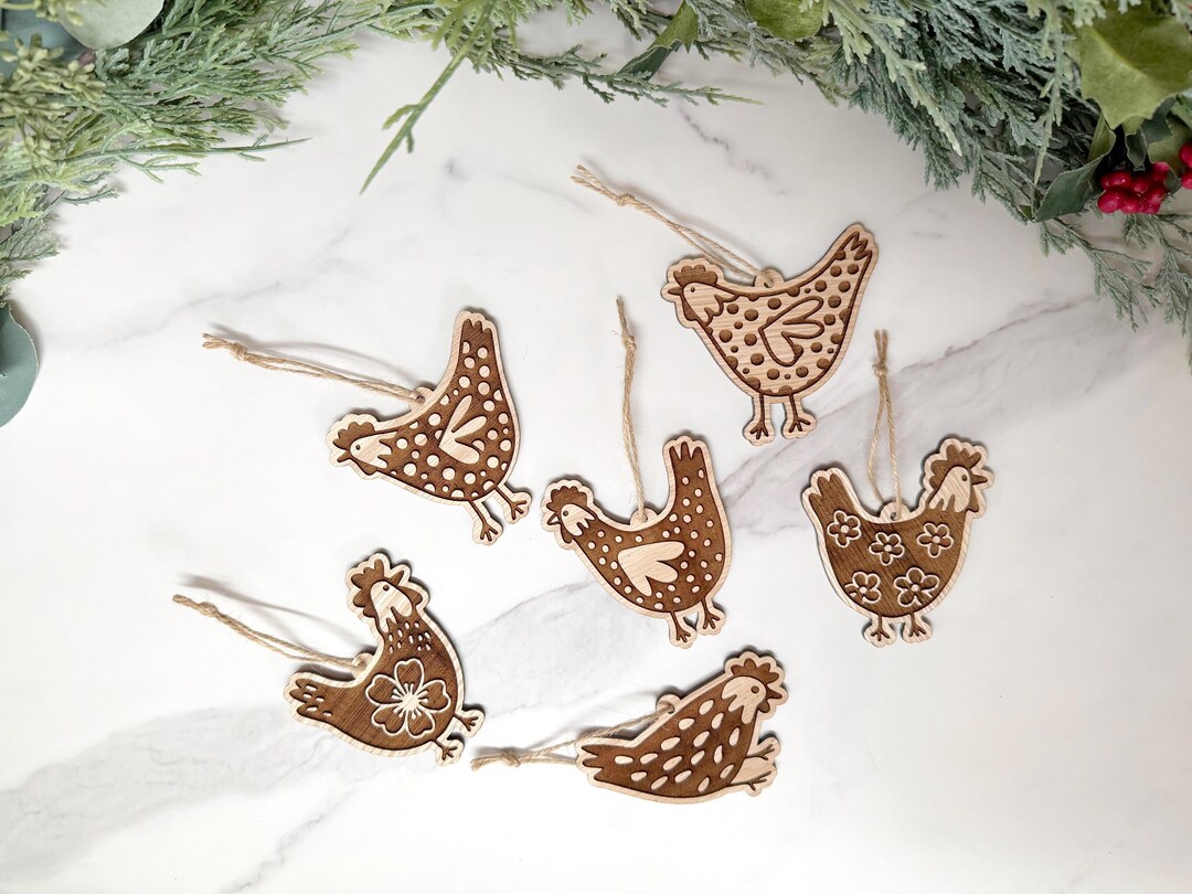 Rustic Chicken Ornaments - Engraved Set of 6 or Individual | Natural ...