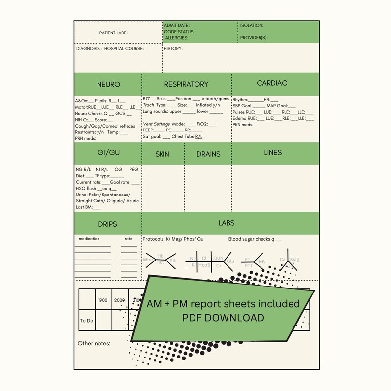 ICU Nursing Report/ Brain/ Handoff Sheet, Printable PDF, Day Shift ...