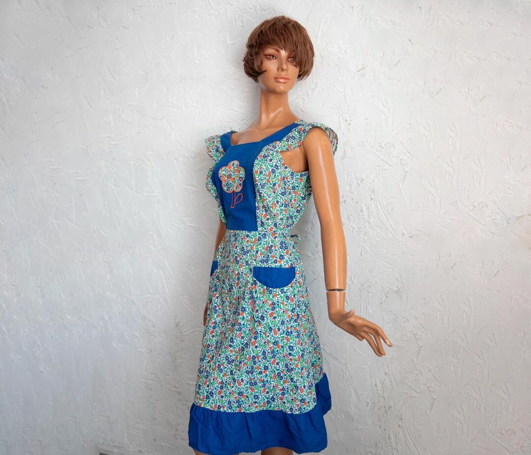 70s Vintage Patchwork Apron Dress: Blue Ditsy Print Sleeveless Cotton ...