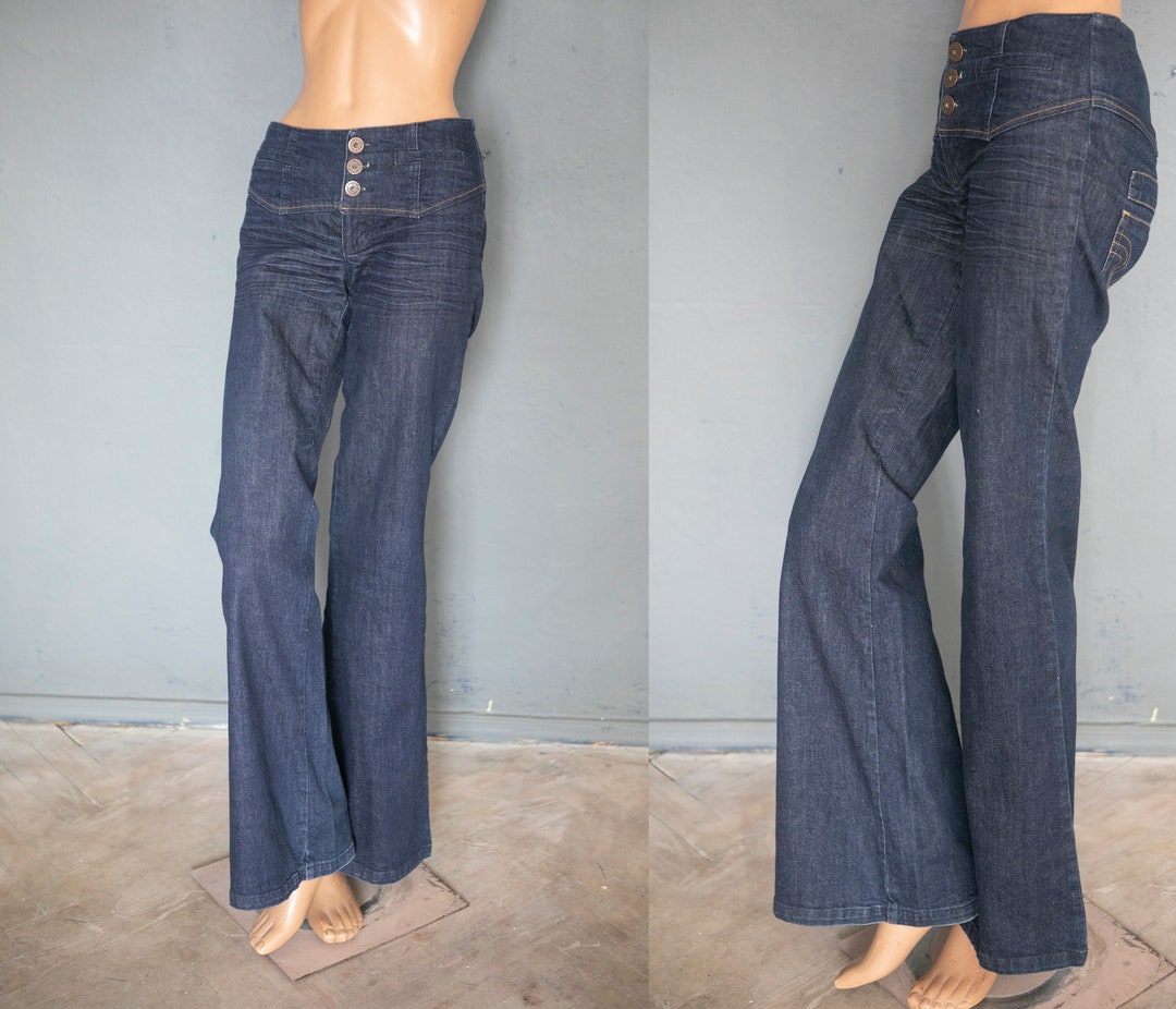 2YK Vintage Indigo Dark Blue Woman Jeans / Bootcut Denim Pants /low ...