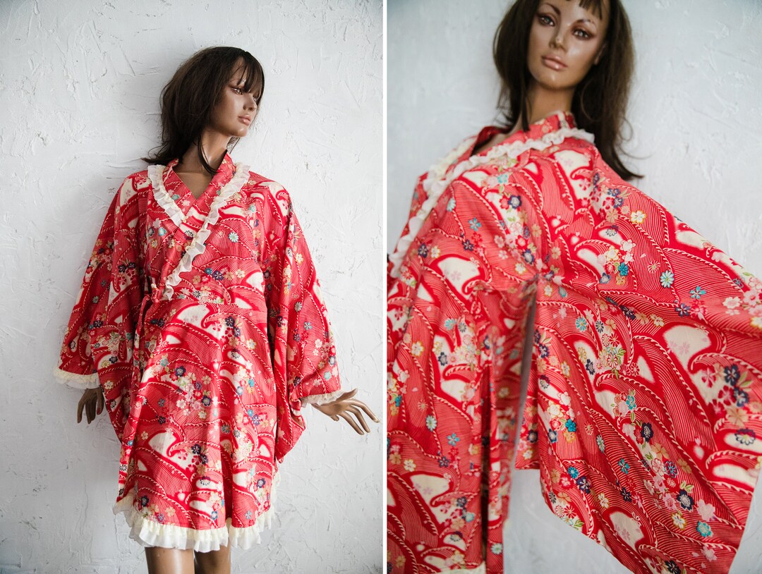 Red Japan Cute Kimono Robe Mini Kawaii Doll Wrap Belted Mini - Etsy