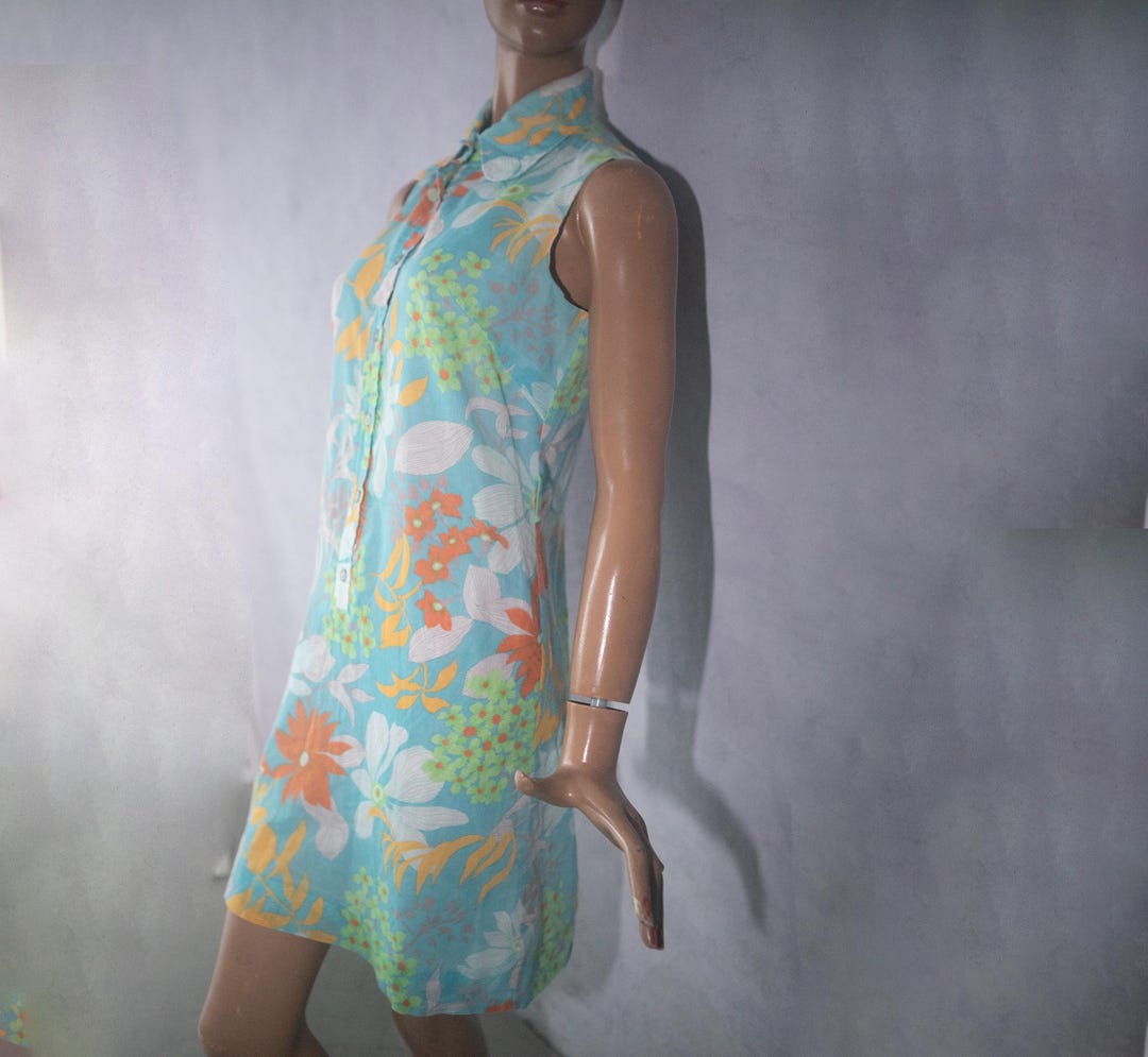 70s Mod Dress Blue Orange Floral Print Dress/sleeveless Collared Summer ...