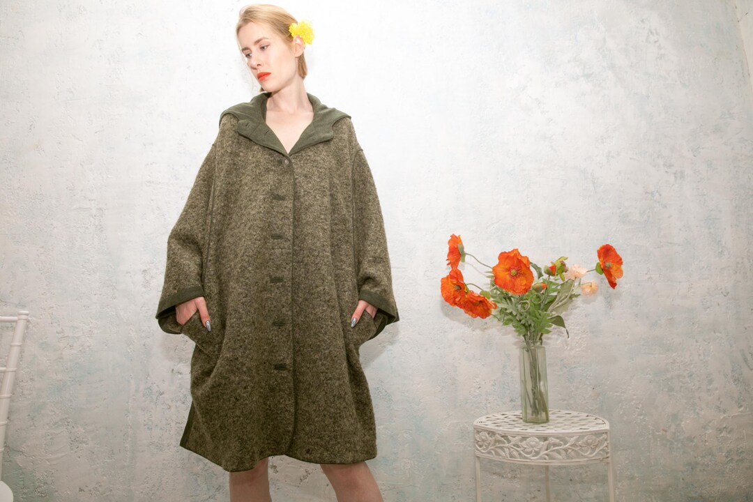 Wool Cape Hooded Landhaus / Olive Green Austrian Cloak Coat / Midi Long ...