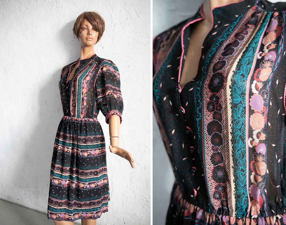 80s Vintage Purple Black Floral Print Dress Hippie Hippy Ethnic Print ...