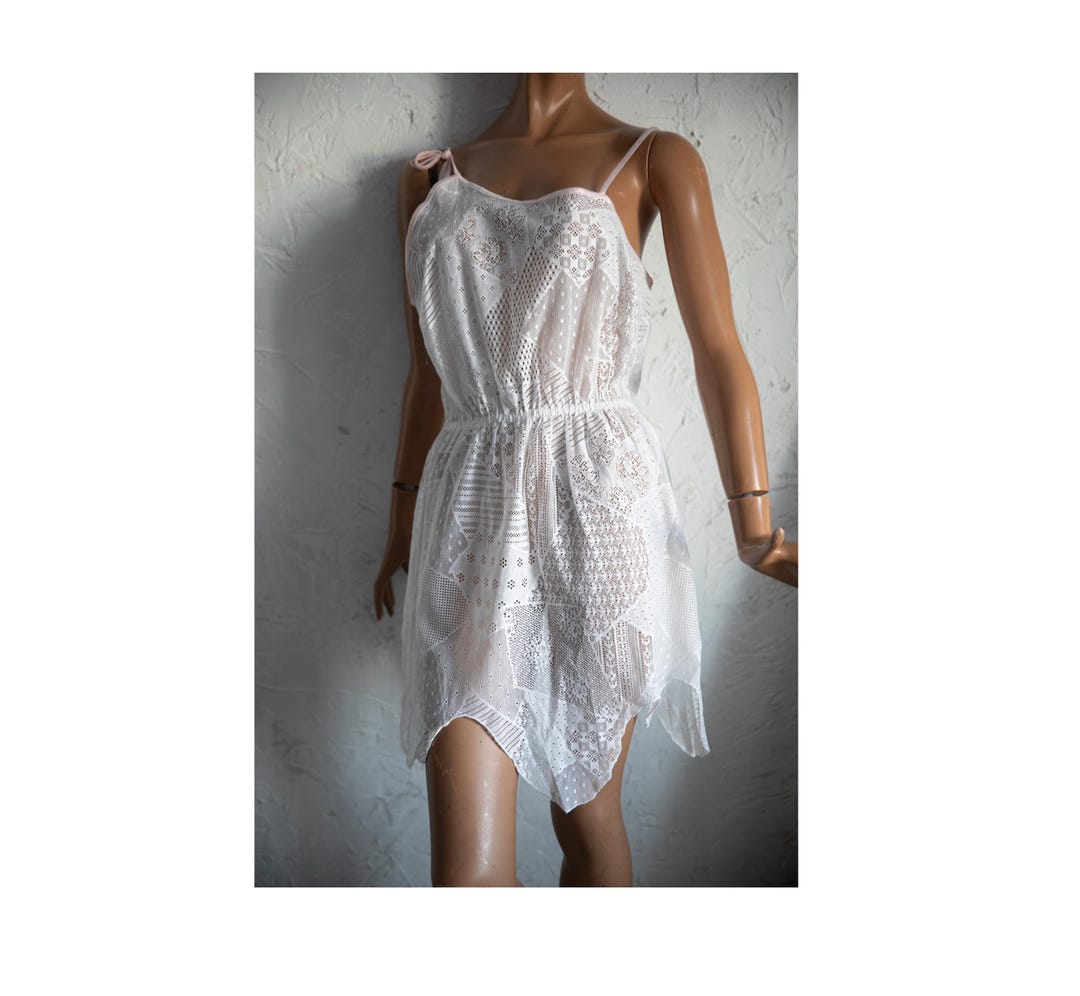 White Night Dress Slip 80s Vintage Nighty/mini Length Asymmetric Full ...