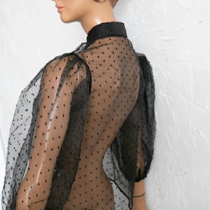 Woman Vintage Black Sheer Polka Dot Pattern Puff Short Sleeves Fashion Blouse/sheer Organza Prom ...