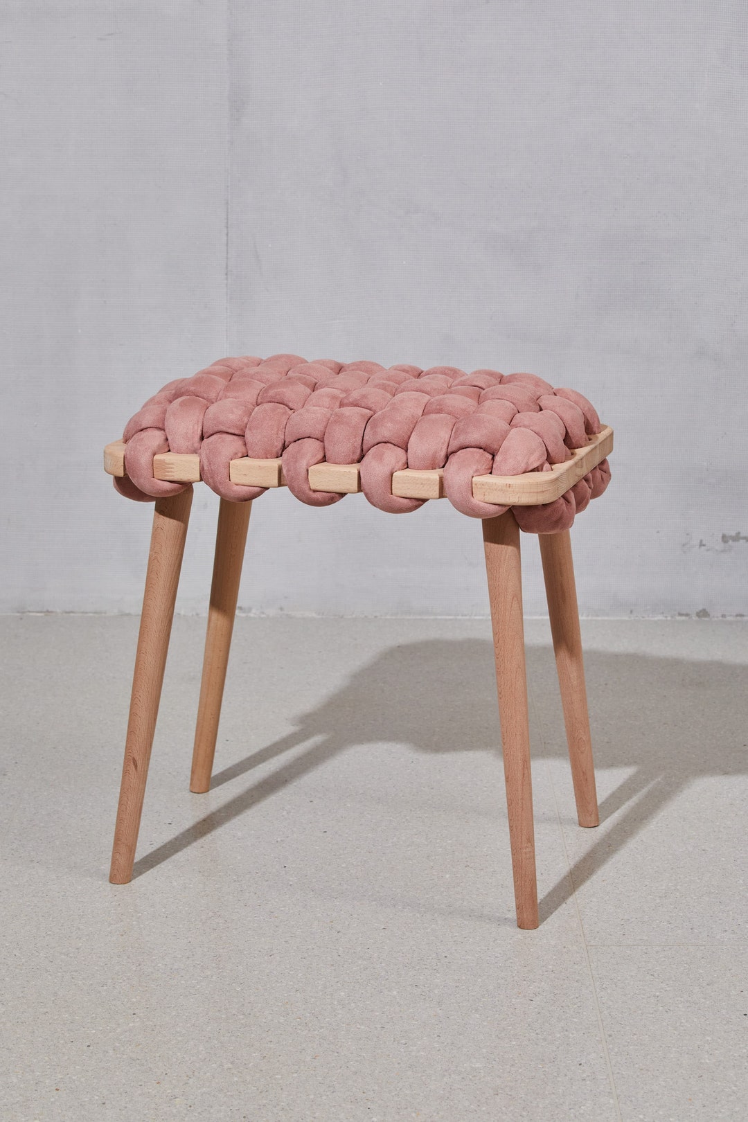 Woven Stool in Rose Pink Vegan Suede, Suede Stool, Suede Stools, Woven ...