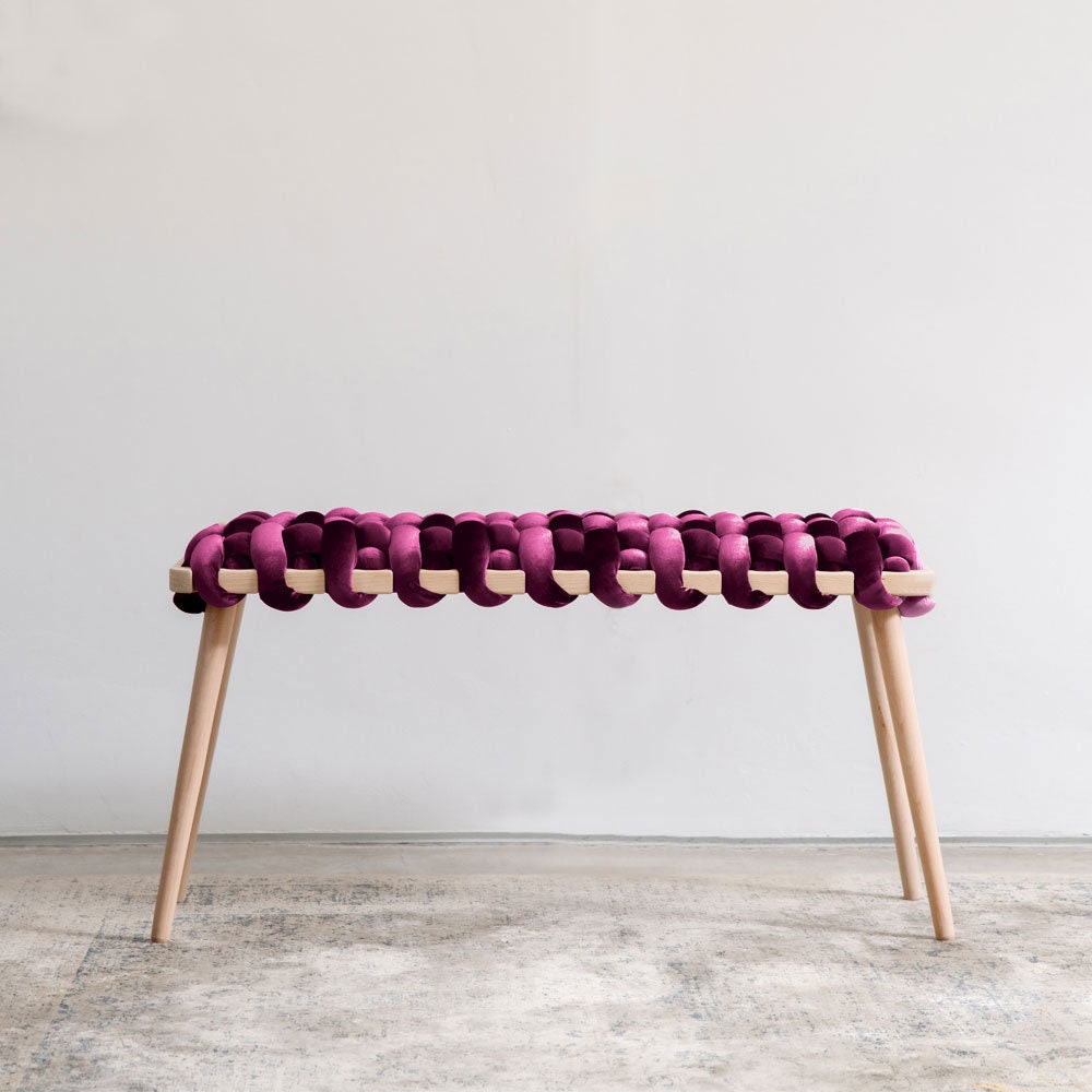 Woven Bench in Purple Velvet Wooden Bench Entrance Bench | Etsy