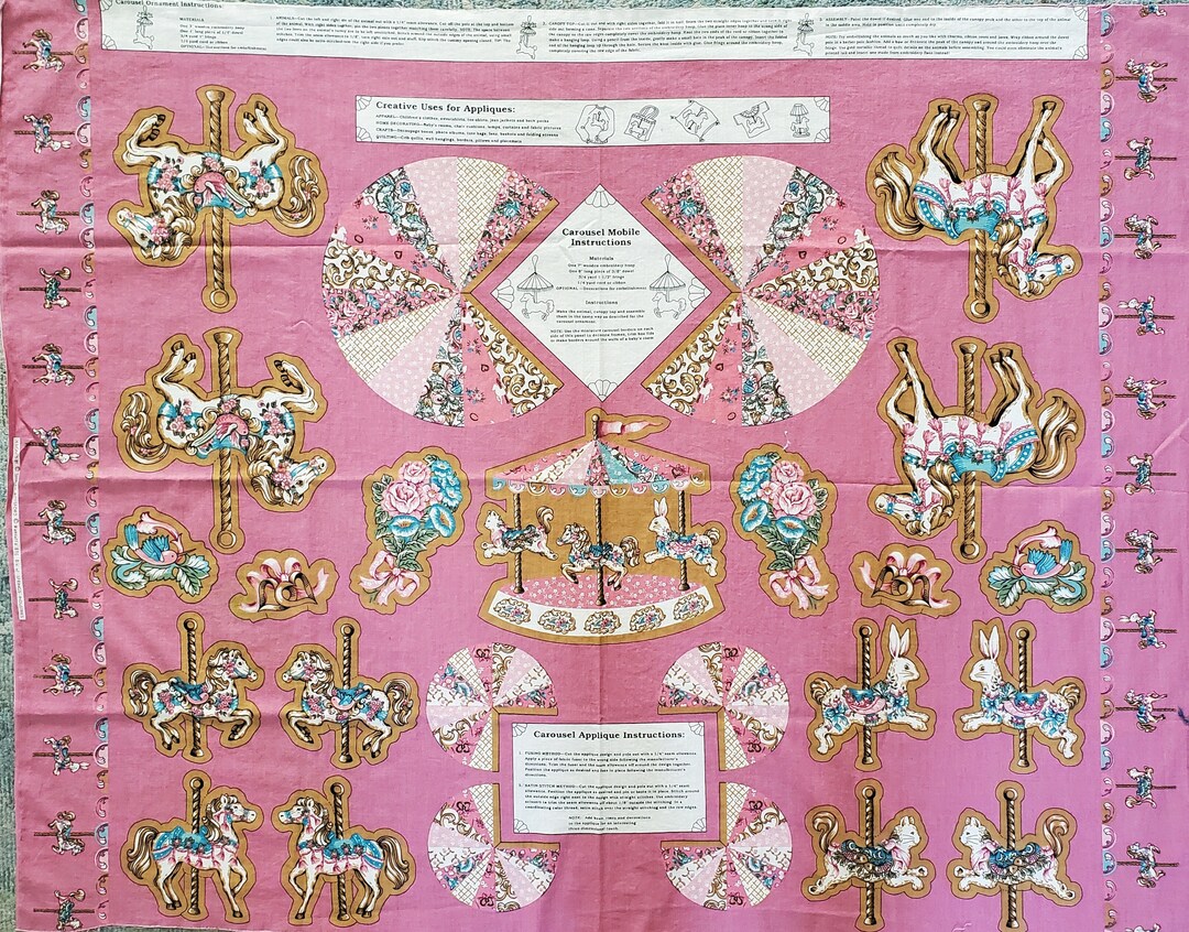 Vintage Carousel Fabric Panel, Vintage Cotton Fabric, Carousel Applique ...