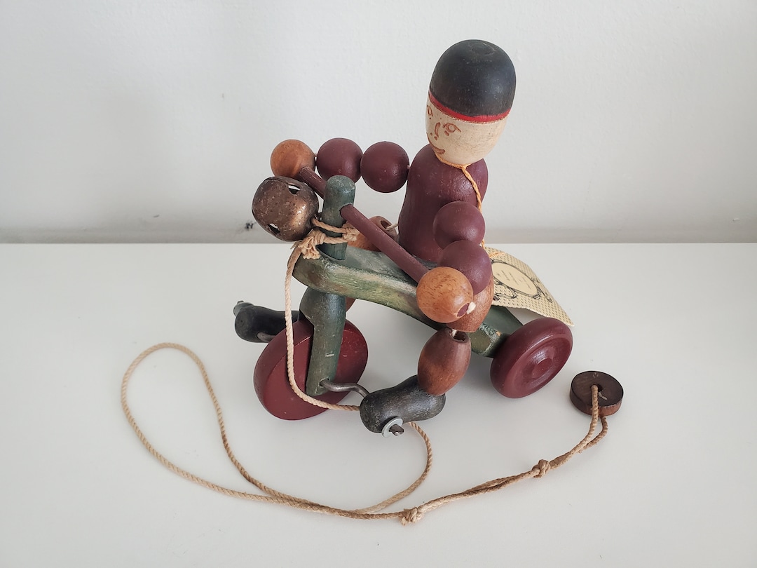 Vintage Wooden Pull Out Tricycle Boy Toy, Wood String Bead Toy by Louis ...