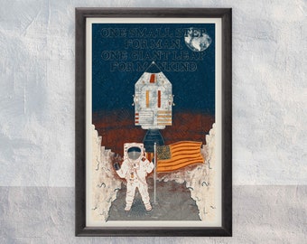 Lunar Landing Print, 1969 Moon Landing Quote, One Small Step for Man ...