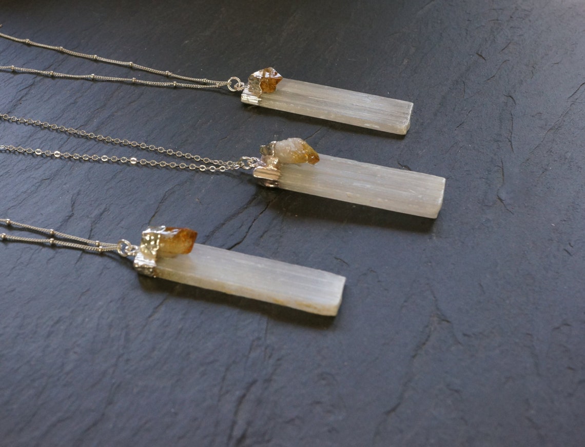 Selenite Necklace, Silver Selenite Necklace, Selenite Pendant, Citrine ...