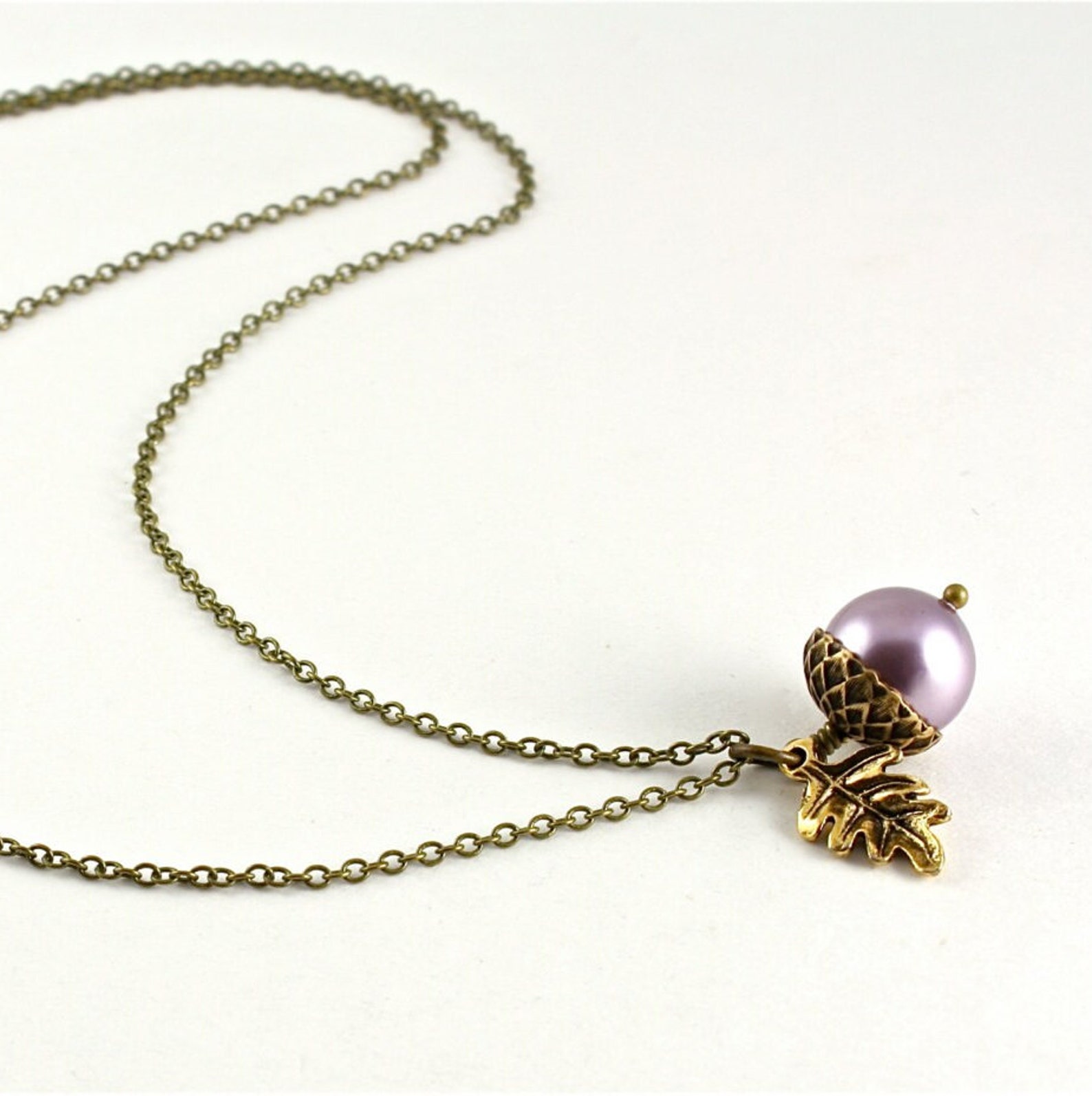 Lavender Acorn and Oak Leaf Necklace, Light Purple Pearl Acorn ...