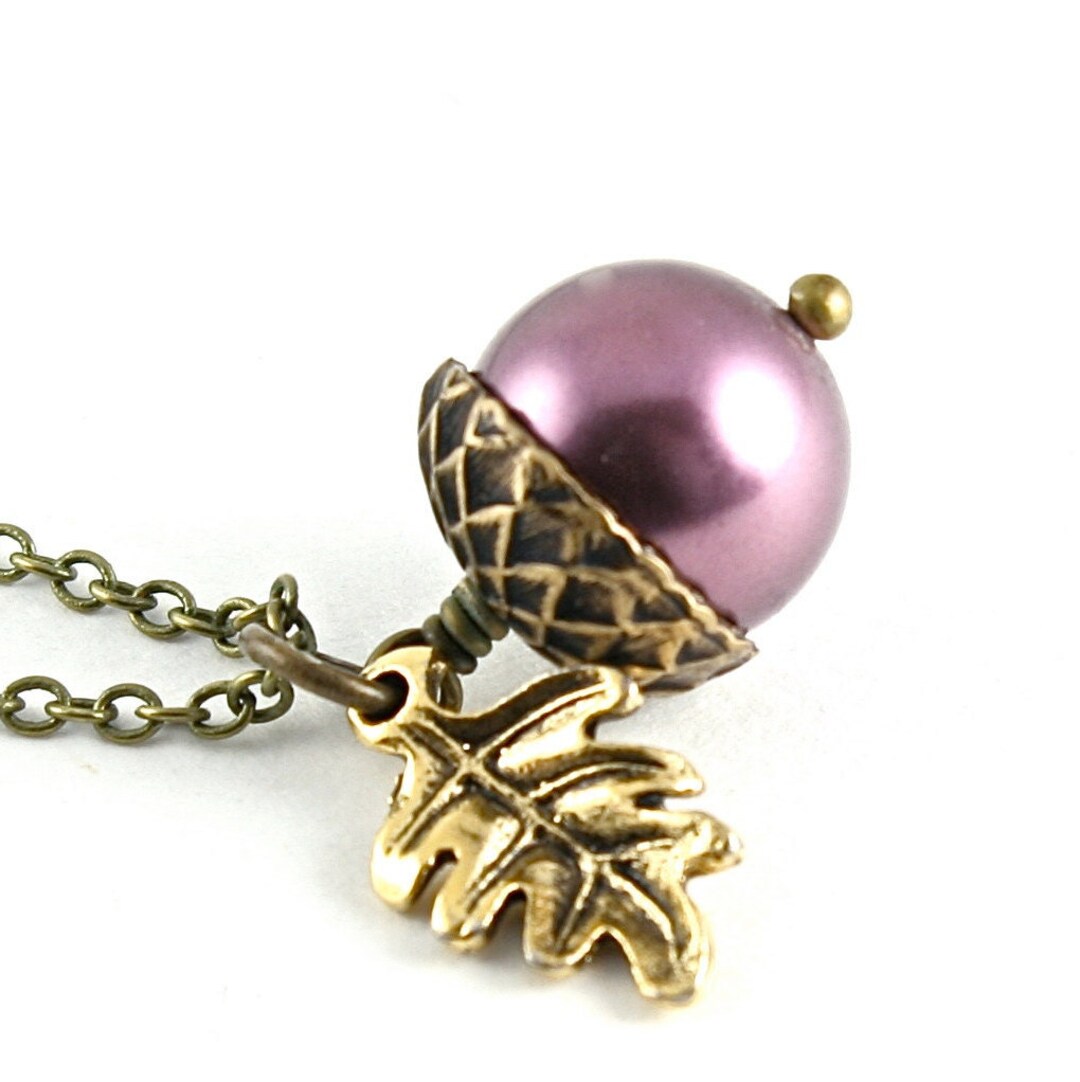Dark Purple Acorn and Oak Leaf Necklace, Plum Pearl Acorn, Woodland ...