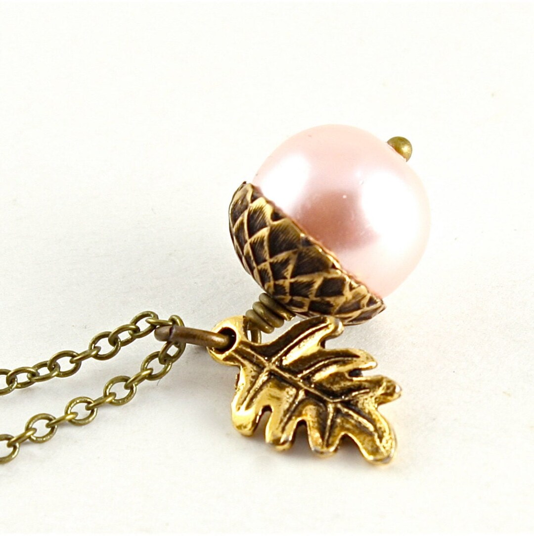 Pink Acorn and Oak Leaf Necklace, Light Pink Pearl Acorn, Woodland ...