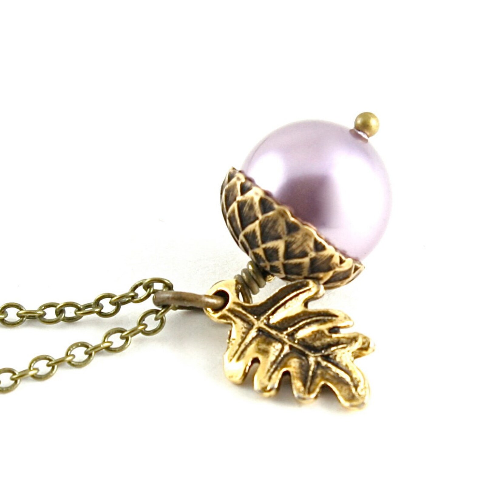 Lavender Acorn and Oak Leaf Necklace, Light Purple Pearl Acorn ...