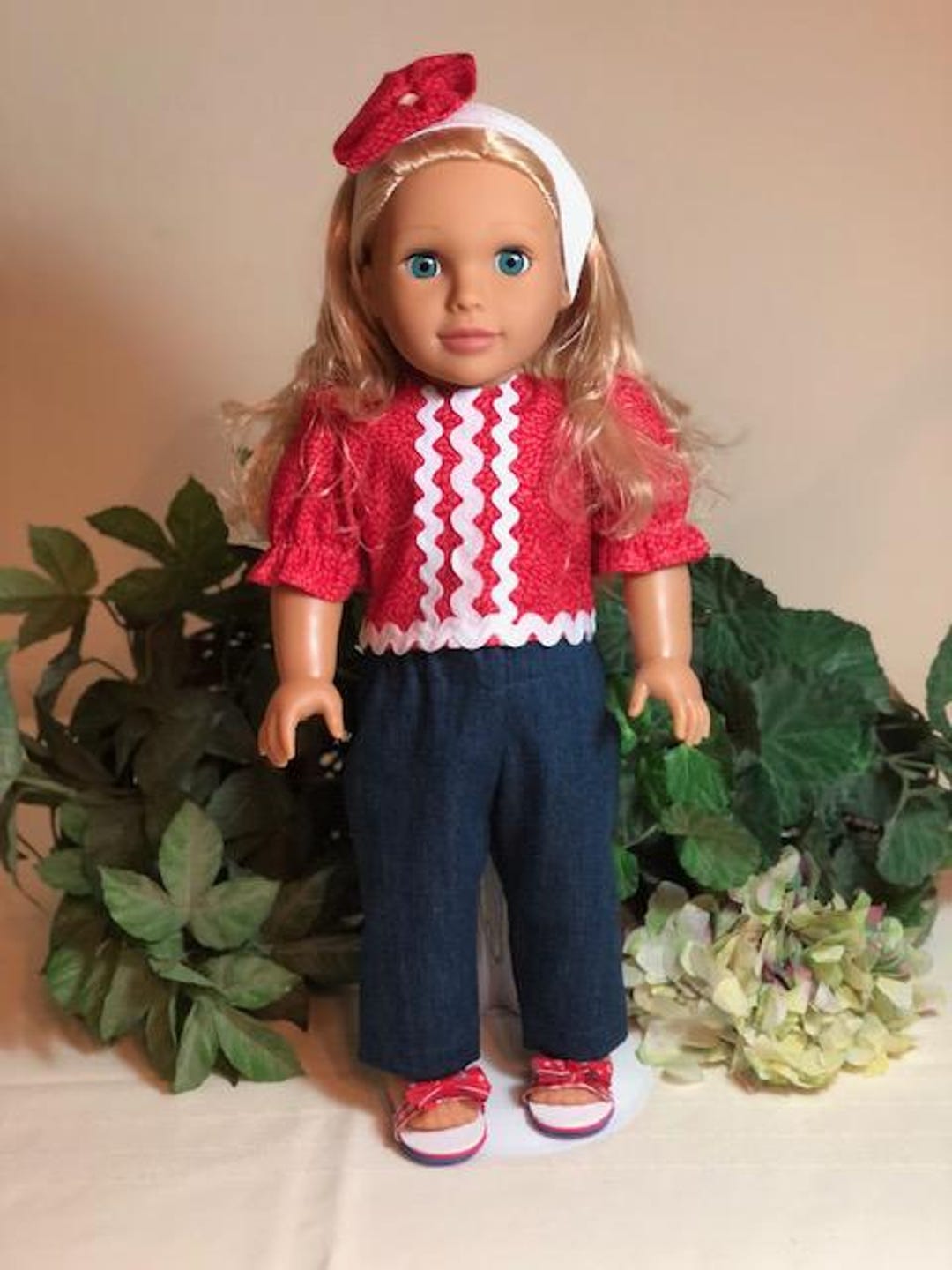 18 Inch Doll Pants Outfit, Red, White, Blue Denim With Sandals and ...