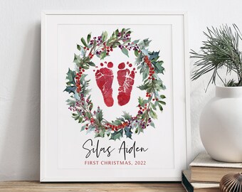 Baby's First Christmas Footprint Art Print Custom Holiday - Etsy