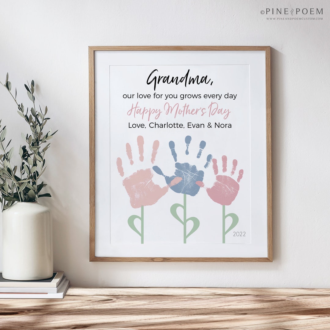 Handprint Mother's Day Gift for Grandma, Personalized Flower Art Print ...